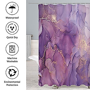 Gibelle 4 Pcs Purple Marble Shower Curtain Set with Non-Slip Rugs, Toilet Lid Cover and Bath Mat, Lavender Bathroom Decor Set with Shower Curtain and Rugs and Accessories