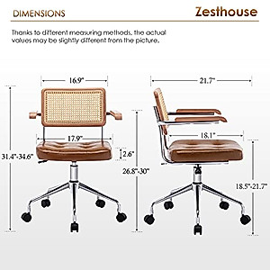 Zesthouse Modern Home Office Chair Leather Desk Chair with Natural Rattan Back, Vanity Chair for Girls Women, Upholstered Tufted Swivel Armchair, Height Adjustable Computer Task Chair