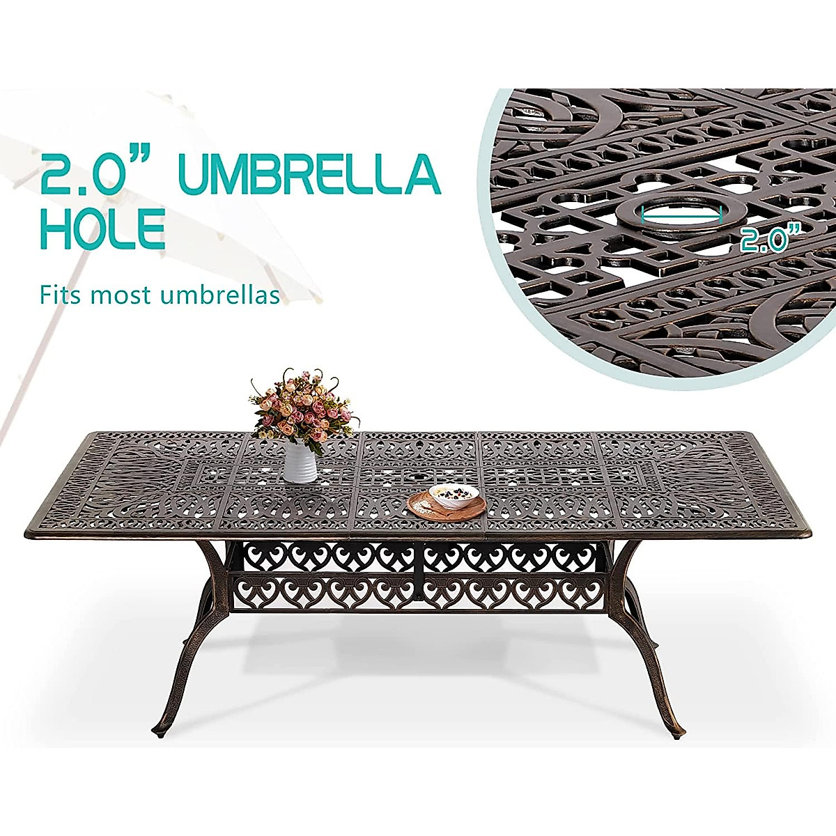 TITIMO 9-Piece Cast Aluminum Patio Furniture Set, Outdoor Dining Set Bistro Conversation Set, All-Weather Rectangular Dining Set with Umbrella Hole(8 Flower Pattern Chairs Without Cushions)