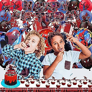 Spider Birthday Party Supplies for Kids, Spider Birthday Party Decorations Include Backdrop, Birthday Banner, Foil Balloons, Cupcake Toppers, Tablecloth for Spider Theme Party