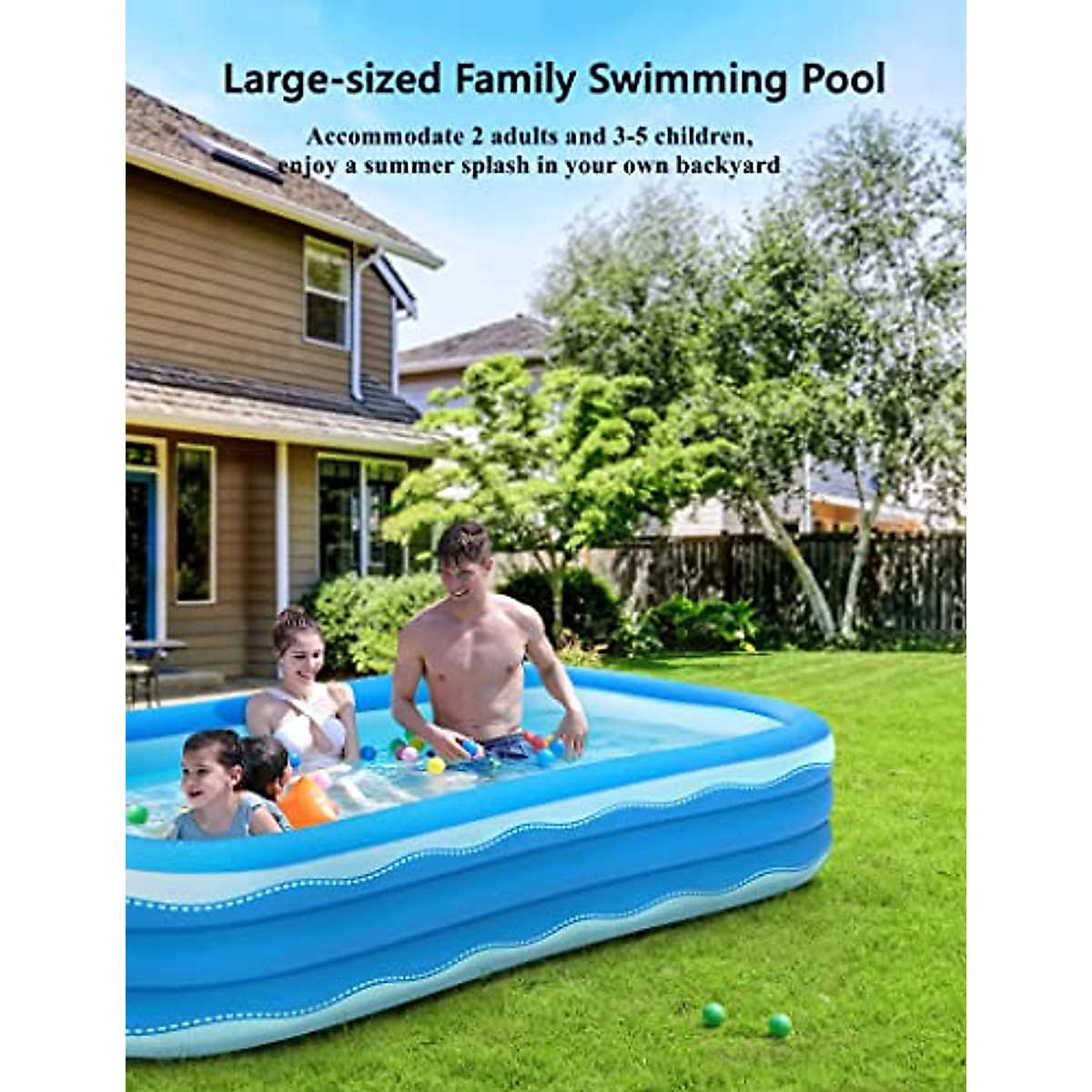 Inflatable Swimming Pool, Rectangle Above Ground Family Blow Up Pool, Swimming Pool for Kiddie Adults, Large Full-Sized Thickened Plastic Pool for Garden Backyard Outdoor