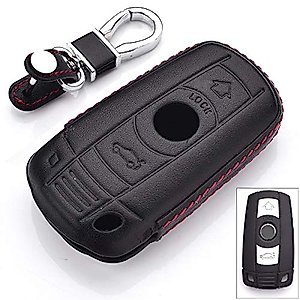 Royalfox(TM) Luxury 3 Buttons Genuine Leather Smart keyless Entry Remote Key Fob case Cover for BMW 1 2 4 5 6 Series,for bmw old smart key,with Keychain