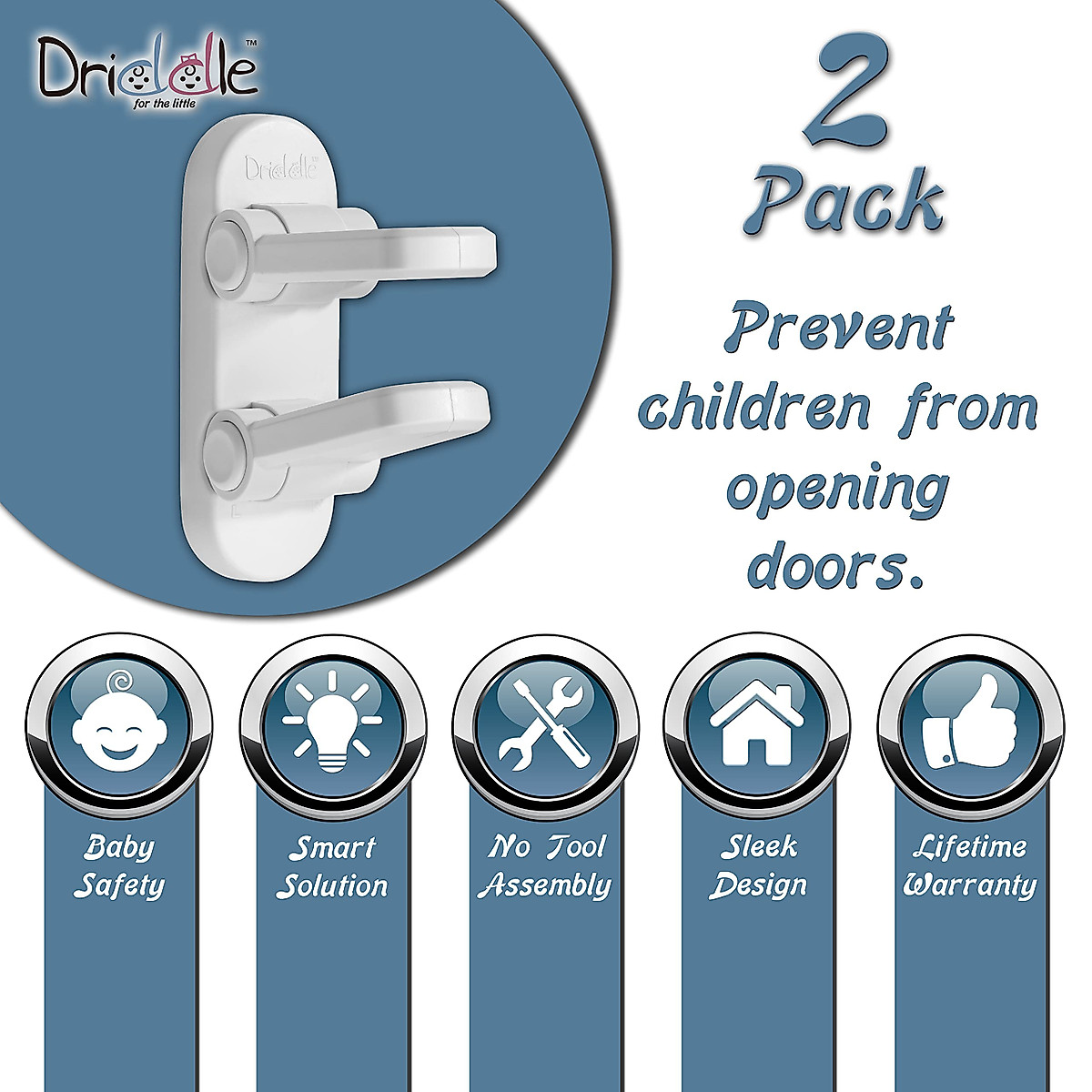 2 Pack - Door Lever Baby Safety Lock - Baby Proofing - Prevent Little Kids from Opening Doors with A Child Proof Door Handle Lock - 3M Adhesive - Driddle