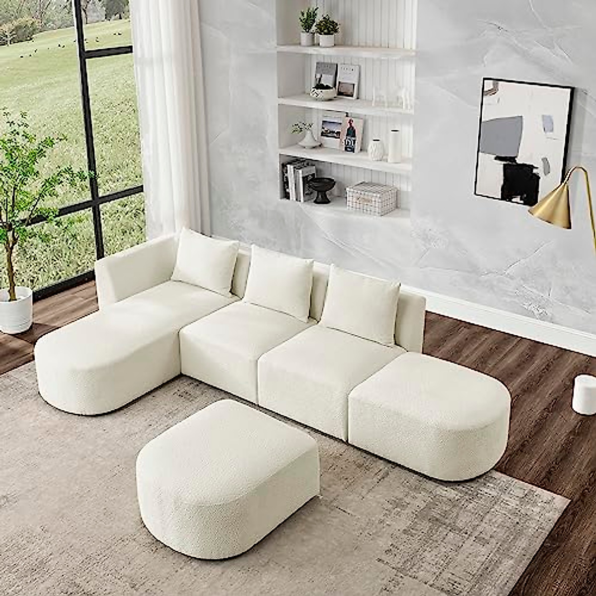 Free Combination Upholstered Reversible Modular Sectional Sofa,Rearrangeable L-Shaped Corner Cloud Deep Sofá with Left Side Chaise,Ottoman and Waist Pillows for Living Room Office Furniture Set