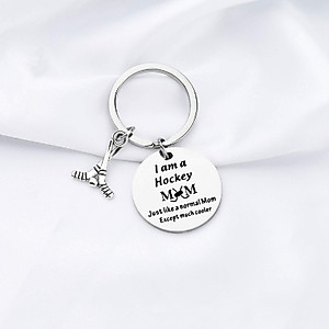 FUSTMW Hockey Mom Gifts Hockey Keychain I am a Hockey MOM Jewelry Hockey Mom Charm for Hockey Players Gifts (silver)