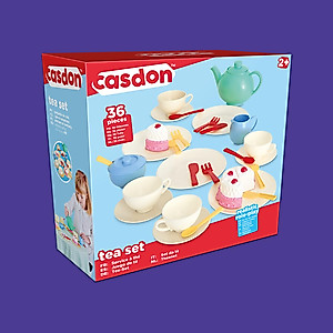 Casdon 36-Piece Tea Set - Colorful Toy Playset with Teapot, Milk Jug, Cups & Saucers, Cake, & More - Suitable for Preschool Toys - Playset for Children Aged 3+