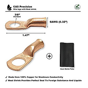 Ring Terminal Connectors Battery Wire Lugs Pure Copper Heavy Duty Cable Ends with Heat Shrink Tube 2AWG 4AWG 6AWG 8AWG (6AWG 3/8" Ring)