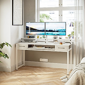 ODK Computer Desk with Keyboard Tray, 55 inch Office Desk with Drawers, Writing Desk with Monitor Shelf and Storage, Work Desk for Home Office/Bedroom, Bamboo