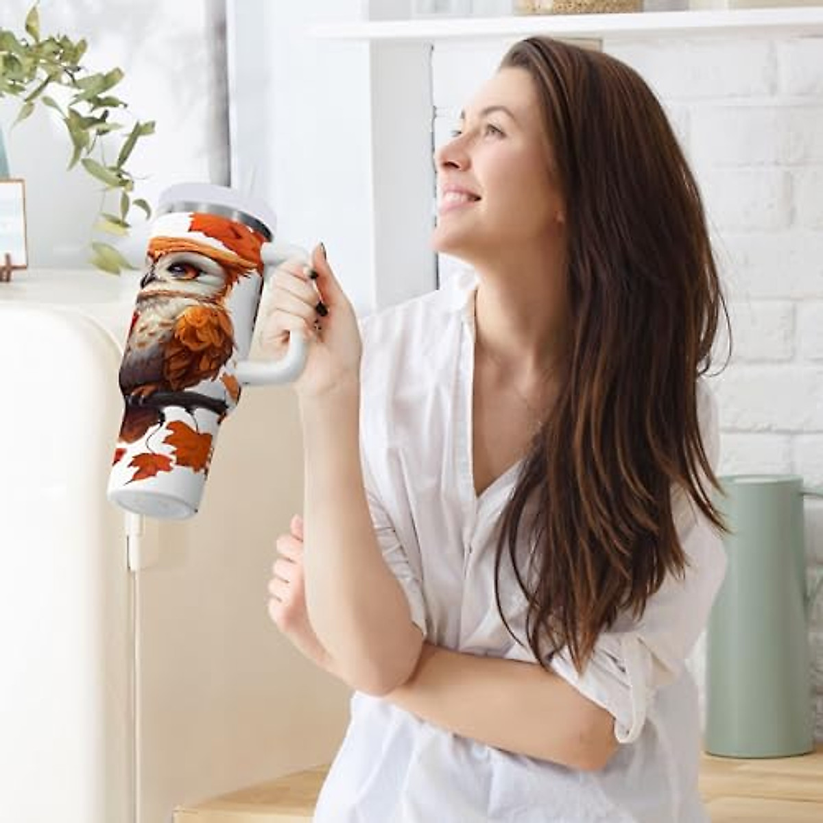 ODAWA Owl Maple Leaf Travel Coffee Tumbler 30 Oz Travel Mug with Handle and Straw