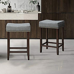 COSTWAY Saddle Stools Set of 2, 24-inch Counter Height Backless Stools with Brass Nailhead Trim, Solid Wood Legs, Foot Rest, Max Load 264 Lbs, Upholstered Bar Chair for Kitchen Island Pub, Grey