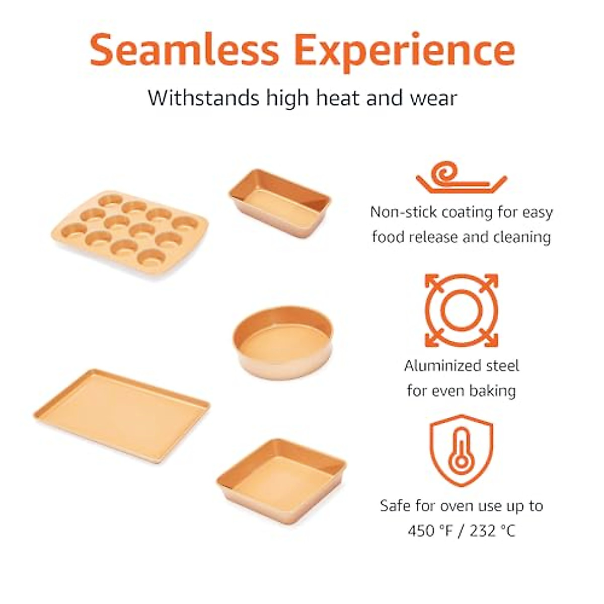 Amazon Basics Ceramic Nonstick Baking Sheets and Pans Bakeware Set, 5-Piece Set- Copper Color