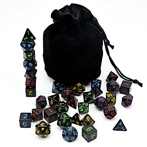 5 Sets New Black Polyhedral Dice with Satin-Lined Velvet Bag for Dungeons and Dragons DND RPG MTG D20 D12 D10 D8 D6 D4
