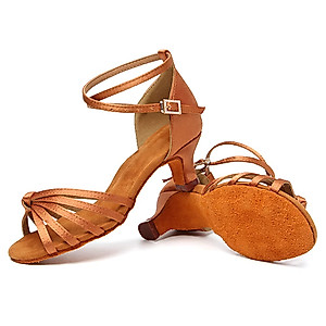 TINRYMX Women's Latin Dance Shoes Satin Ballroom Salsa Cha-cha Professional Practice Dance Shoes,EM217-Brown-2 Inch,6 US