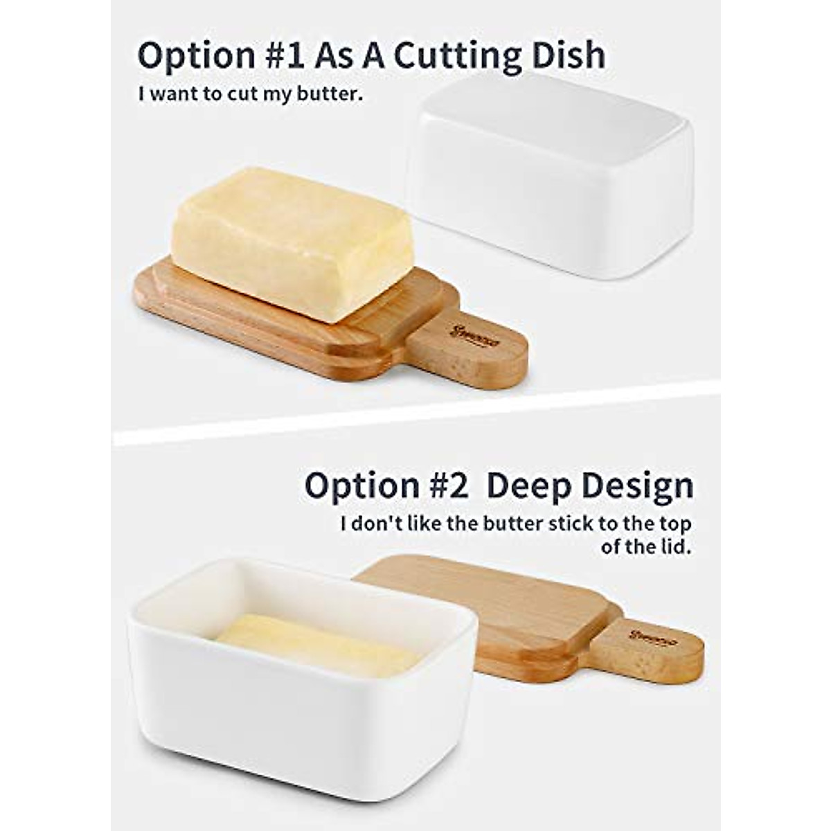 Sweese 323.104 Butter Dish with Lid and Handle, Porcelain Butter Keeper and Extended Wooden Lid, Red