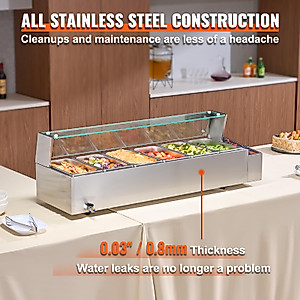 VEVOR 6-Pan Commercial Food Warmer, 6 x 8QT Electric Steam Table with Glass Cover, 1500W Countertop Stainless Steel Buffet Bain Marie 86-185°F Temp Control for Catering, Restaurants, Silver