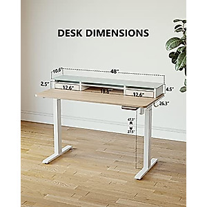 BANTI 48"x 26" Electric Standing Desk with Glass Top Monitor Stand, Adjustable Sit Stand Up Table with Double Drawer, Sit Stand Desk with Storage Shelf, Light Walnut Top