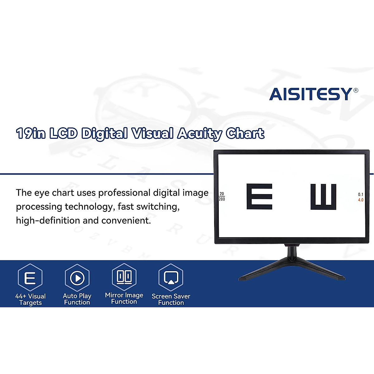 AISITESY Vision Meter Digital 19" LCD Electronic Optical Vision Meter with 44+ Visual Targets and 5 Display Methods Optometry Projector with Remote Control