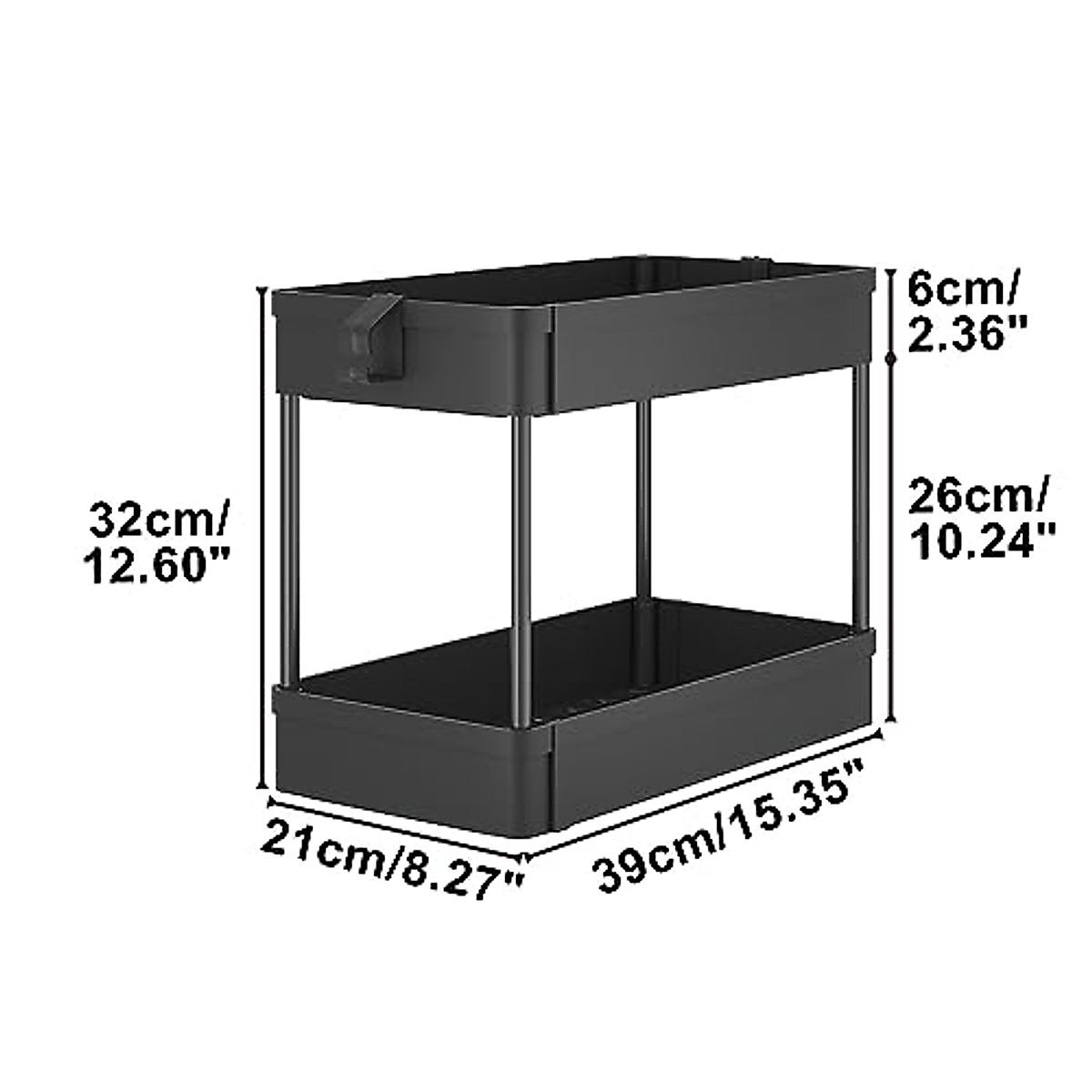 Boeeoan Under Sink Organizers Storage Rack, 2 Tier Under Bathroom Cabinet Shelf Basket, Multi-Purpose Storage Cart with Hooks for Kitchen Bathroom Bedroom Livingroom, Black