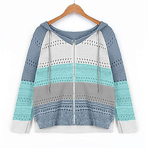 LATINDAY Women's Color Block Hoodie Striped Sweater Lightweight V Neck Knit Pullover Sweatshirts Sky Blue