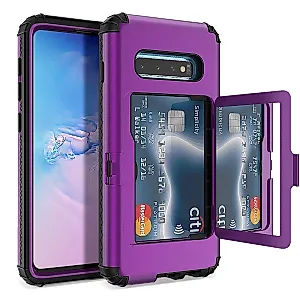 WeLoveCase S10 Plus Wallet Case Defender Wallet Card Holder Cover with Hidden Mirror Three Layer Shockproof Heavy Duty Protection All-Round Armor Protective Case for Samsung Galaxy S10+ Plus Purple
