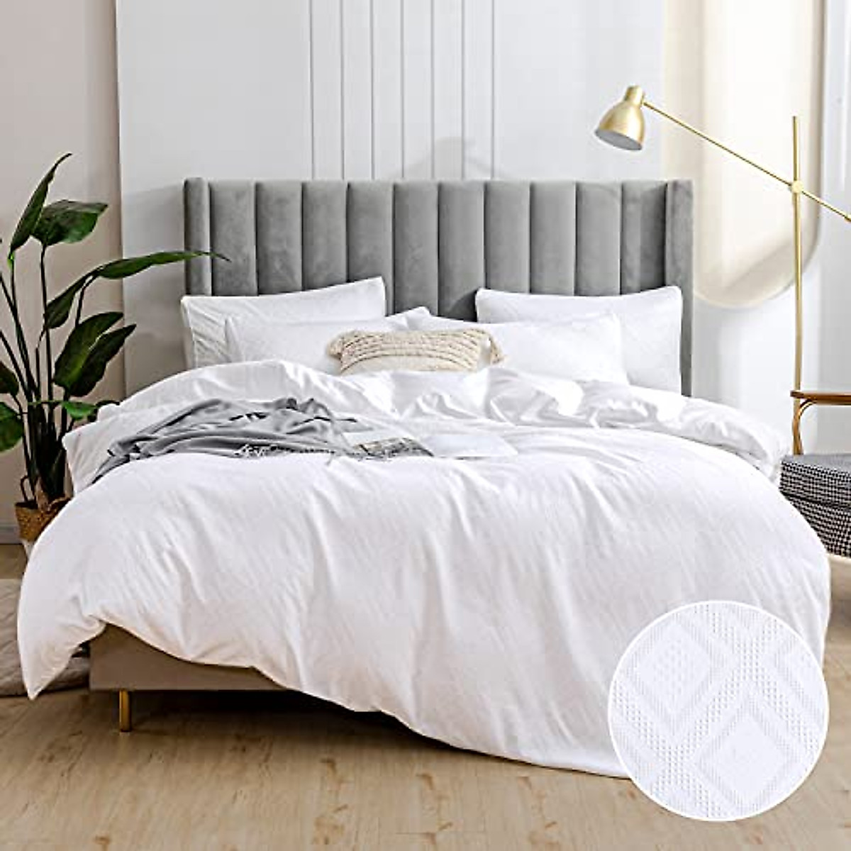 JELLYMONI White Waffle Duvet Cover Queen Size - 3PCS Textured Microfiber Comforter Cover with Diamond Jacquard Pattern, Luxury Soft Bedding Set with 8 Corner Ties & Double Zipper Closure