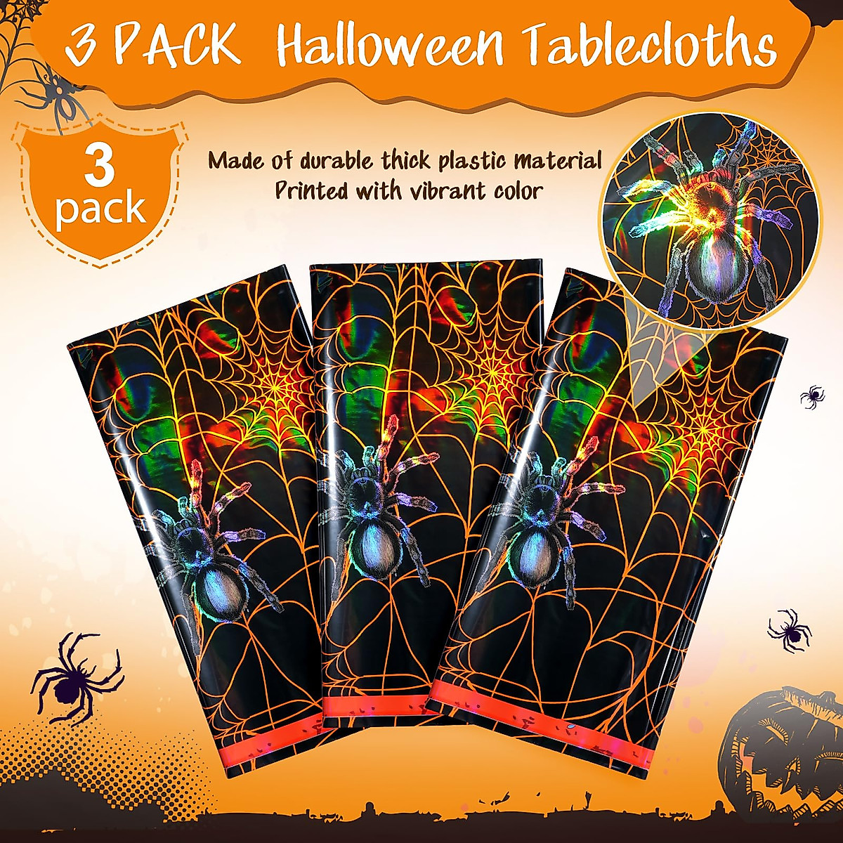 3 Pack Iridescent Halloween Spider Web Tablecloth Party Decorations, Plastic Spider Table Cloth, Disposable Halloween Table Decor Backdrop Banner for Haunted House Halloween Party Supplies, 54x108Inch