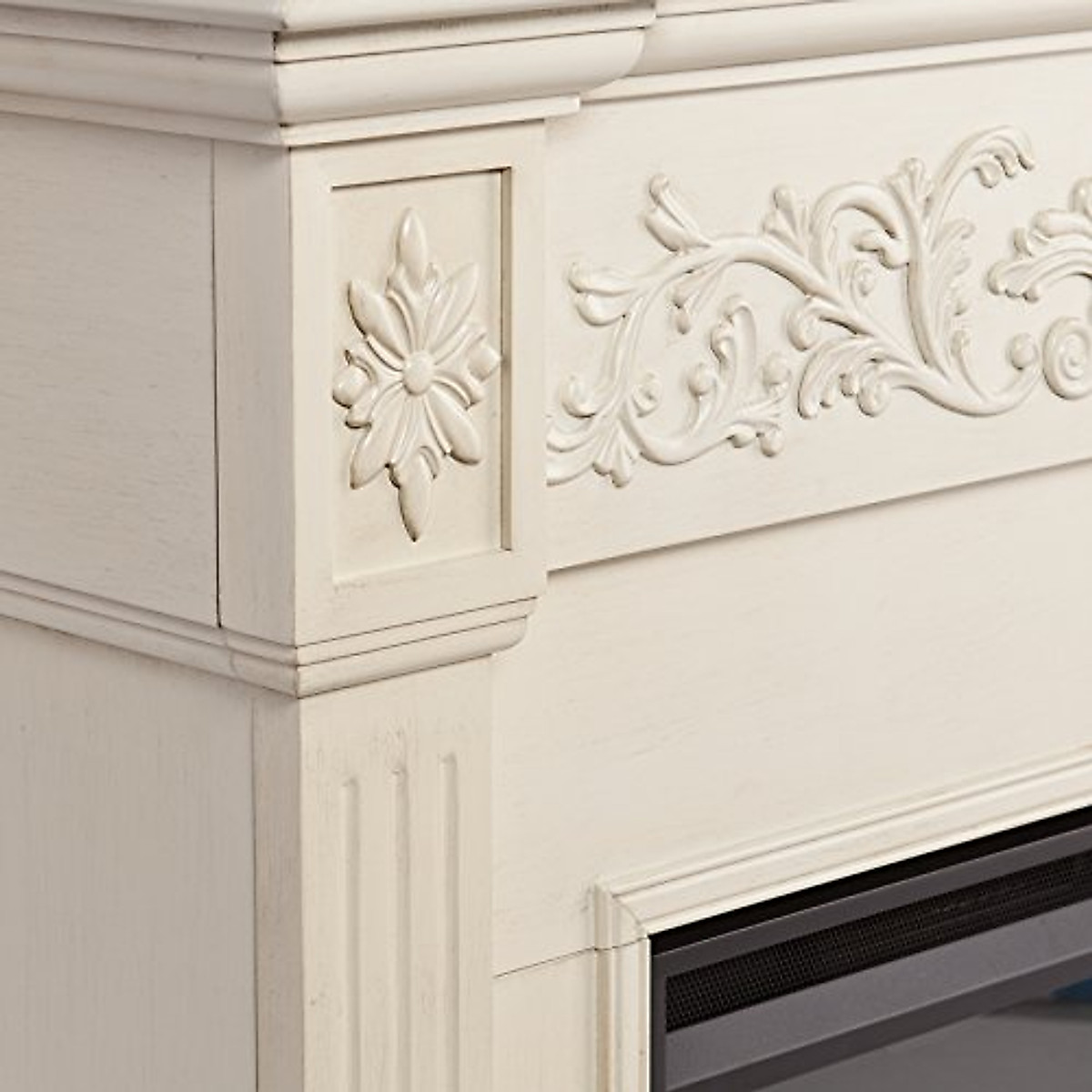 SEI Furniture Calvert Electric Carved Floral Trim Fireplace, Ivory (FA9279E)