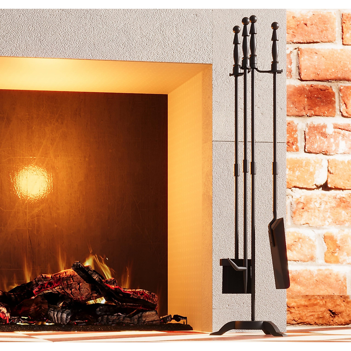 Fire Beauty Fireplace Tools Set 4 Pieces Black Wrought Iron Fire Tool Set for Outdoor/Indoor Include Poker, Shovel, Brush and Stand Accessories Set