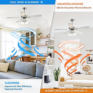 Parrot Uncle Ceiling Fans with Lights and Remote 52 Inch Chandelier Ceiling Fan with Light for Bedroom, Reversible Motor, 3 Speeds, Timer, Silver