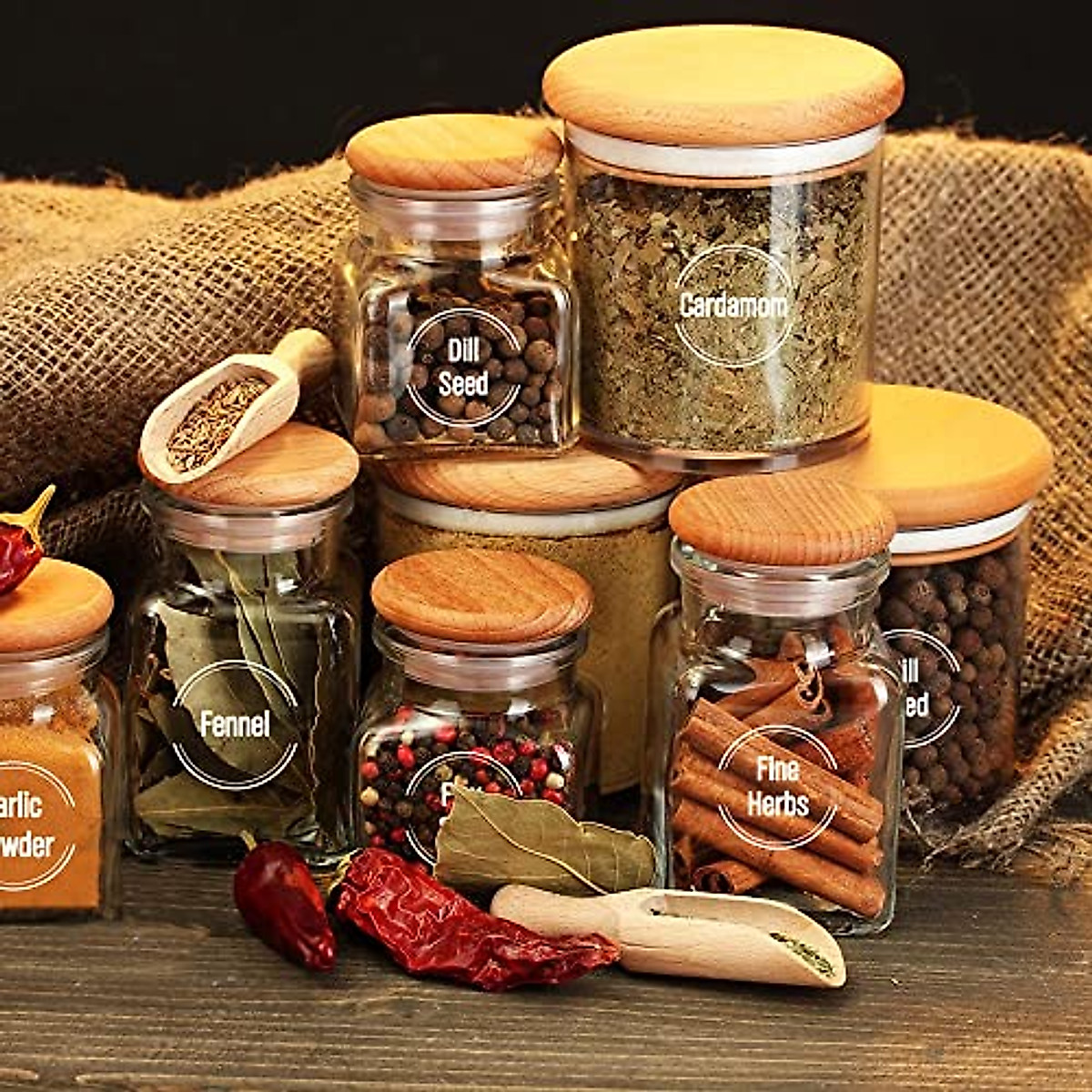 144 Pcs Transparent Spice Labels, Numbers for Jar Organization, Food Labels Waterproof Kitchen Seasoning Names Label, Preprinted White Letters Pantry Stickers (Transparent)