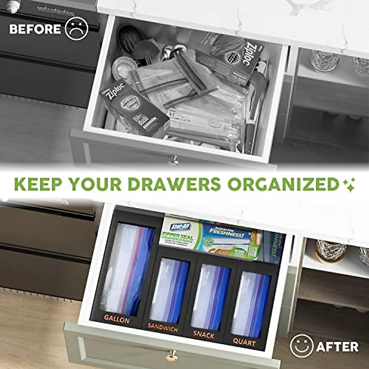 Bamboo Ziplock Bag Storage Organizer for Kitchen Drawer, 4 Separate Food Storage Bag Organizer, 12x14" Baggie Organizer Dispenser for All Brands Gallon, Snack, Sandwich & Quart Slider Bags Black