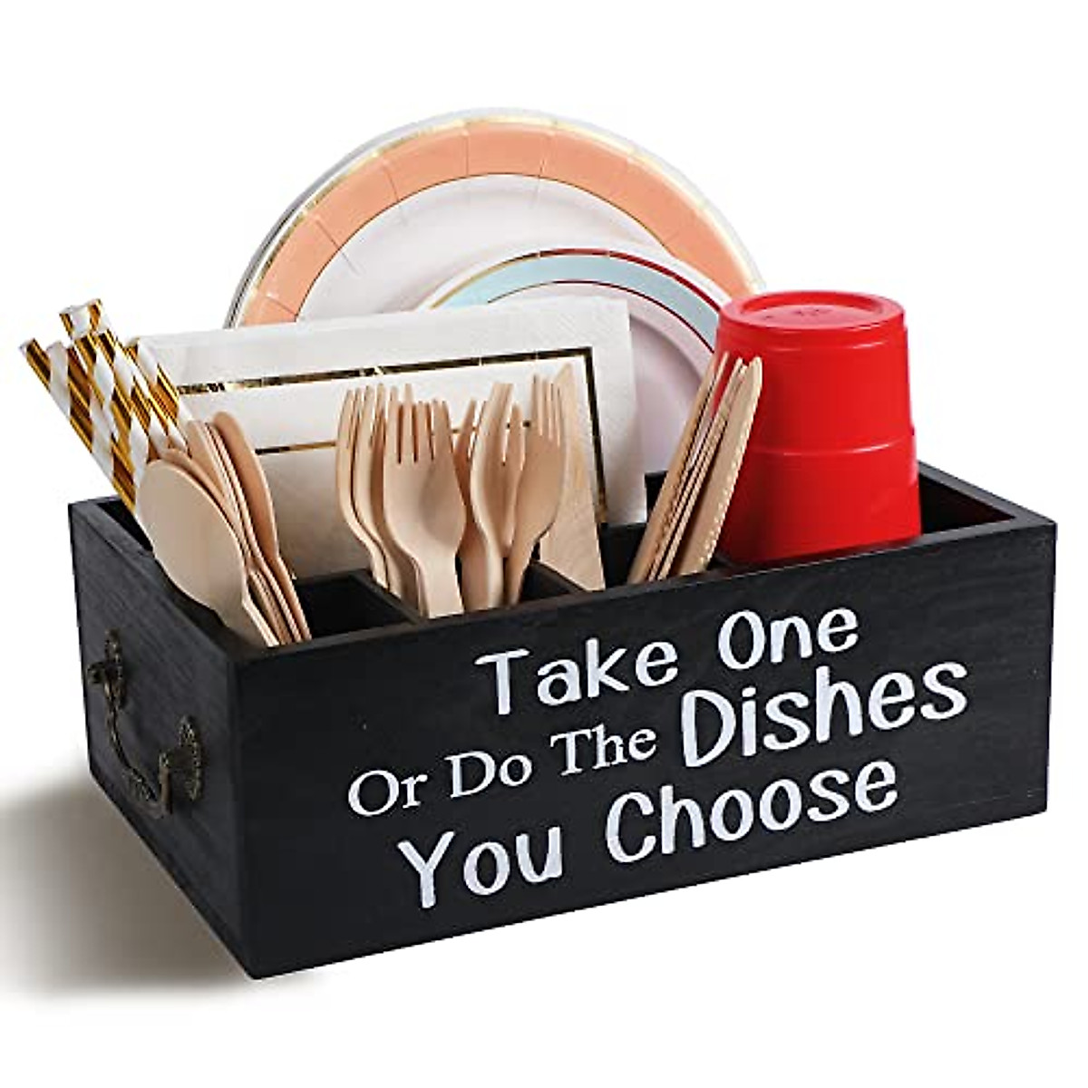 Small Paper Plate Holder Utensil Caddy Organizer for Countertop, Kitchen Silverware Caddy Holder for Cups, Forks, Spoons, Plates, Napkins, Wood Utensil Holder Paper Plate Dispenser for Party Picnic