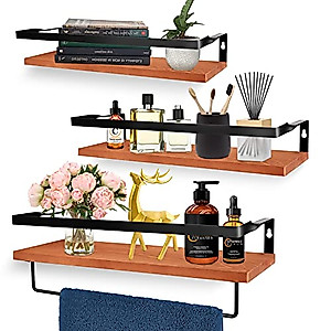 AKEYDIY Floating Shelves Wall Mounted Set of 3, Rustic Wood Wall Shelf with Metal Frame, Towel Rack for Bedroom, Living Room, Bathroom, Kitchen, Office and More