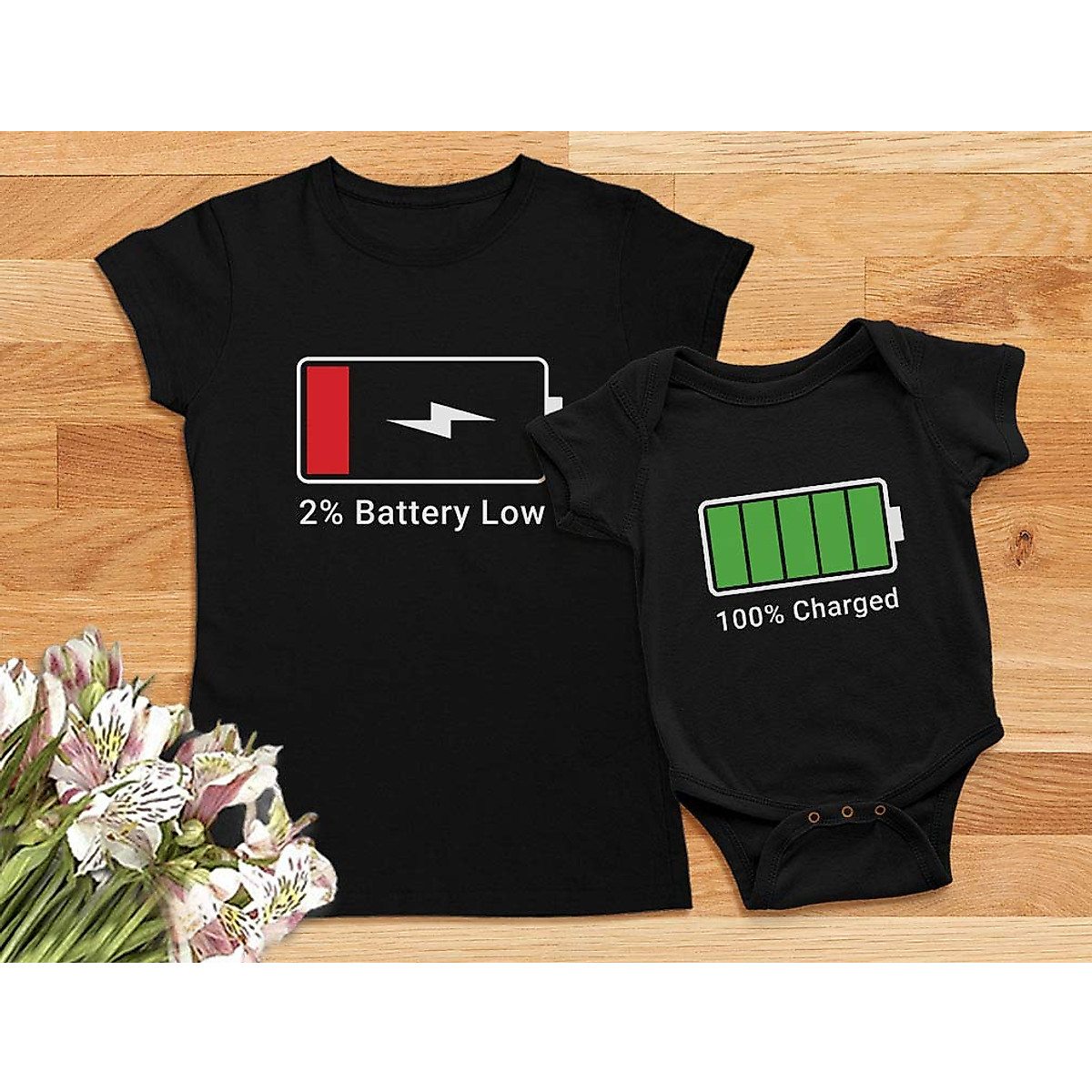Tstars Battery Low 100% Charged Mommy and Baby Girl Boy Matching Outfits Funny Mothers Day Mother & Daughter Son Shirts Mom Black Medium/Baby Black Newborn (0-3M)