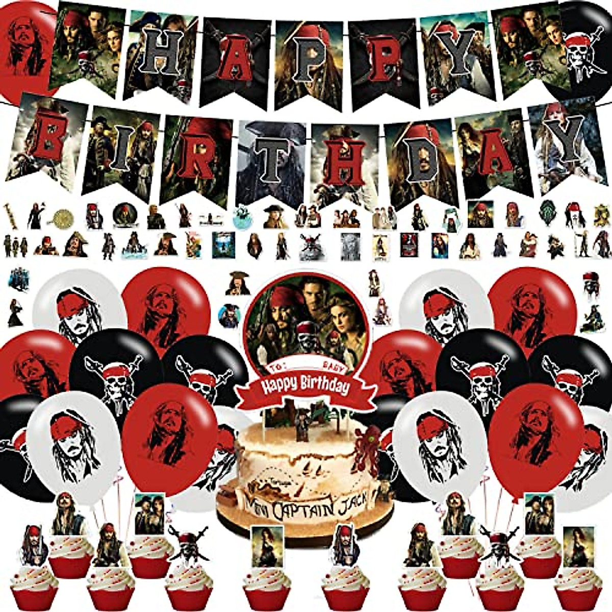 Pirates of the Caribbean Party Decorations,Birthday Party Supplies For Depp Pirate Hat Party Supplies Includes Banner - 12 Cake Toppers - 18 Balloons - 50 Pirates Stickers