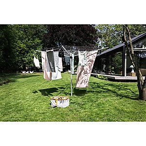 Brabantia Lift-O-Matic Outdoor 4 Arm Clothesline Height Adjustable, Folding Clothes Drying Rack + Ground Spike & Cover, 197 Feet, Metallic Gray