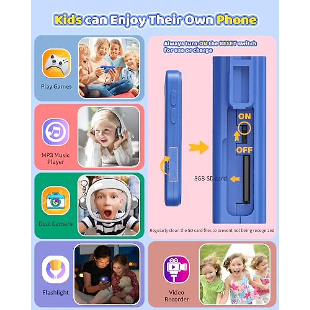 Kids Toy Smartphone, Gifts and Toys for Boys Ages 3-8 Years Old, Fake Play Toy Phone with Music Player Dual Camera Puzzle Games 8GB SD Card Touchscreen, Birthday, Kids Trip Activities