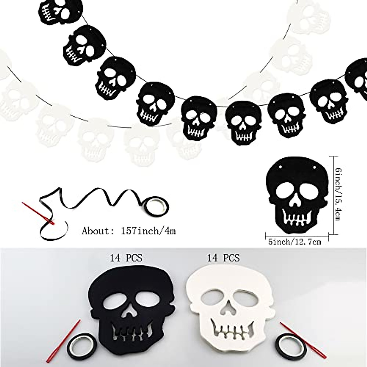 FAZHBARY 2 Pack White Black Skull Garland Birthday Party Decorations Pirate Theme Party Halloween Decorations Garland Banner