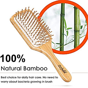 Hair Brush-Natural Wooden Bamboo Brush and Detangle Tail Comb Instead of Brush Cleaner Tool, Eco Friendly Paddle Hairbrush for Women Men and Kids Make Thin Long Curly Hair Health and Massage Scalp