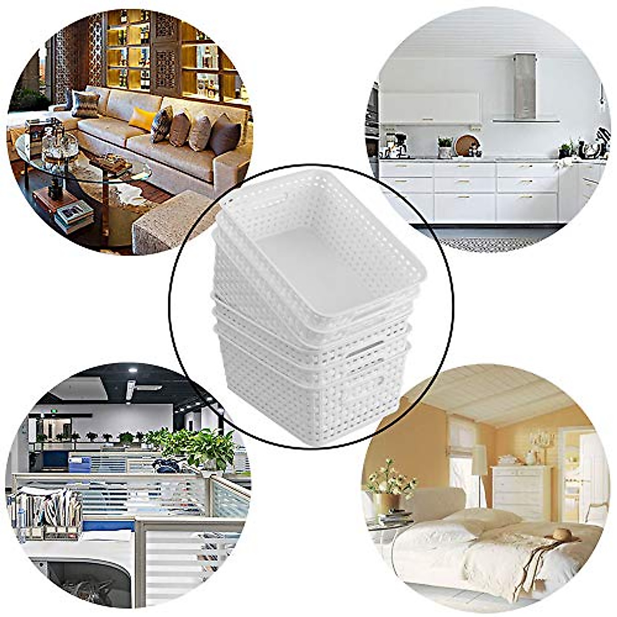 AnnkkyUS 6-Pack White Storage Plastic Baskets, Plastic Weave Basket for Organizing