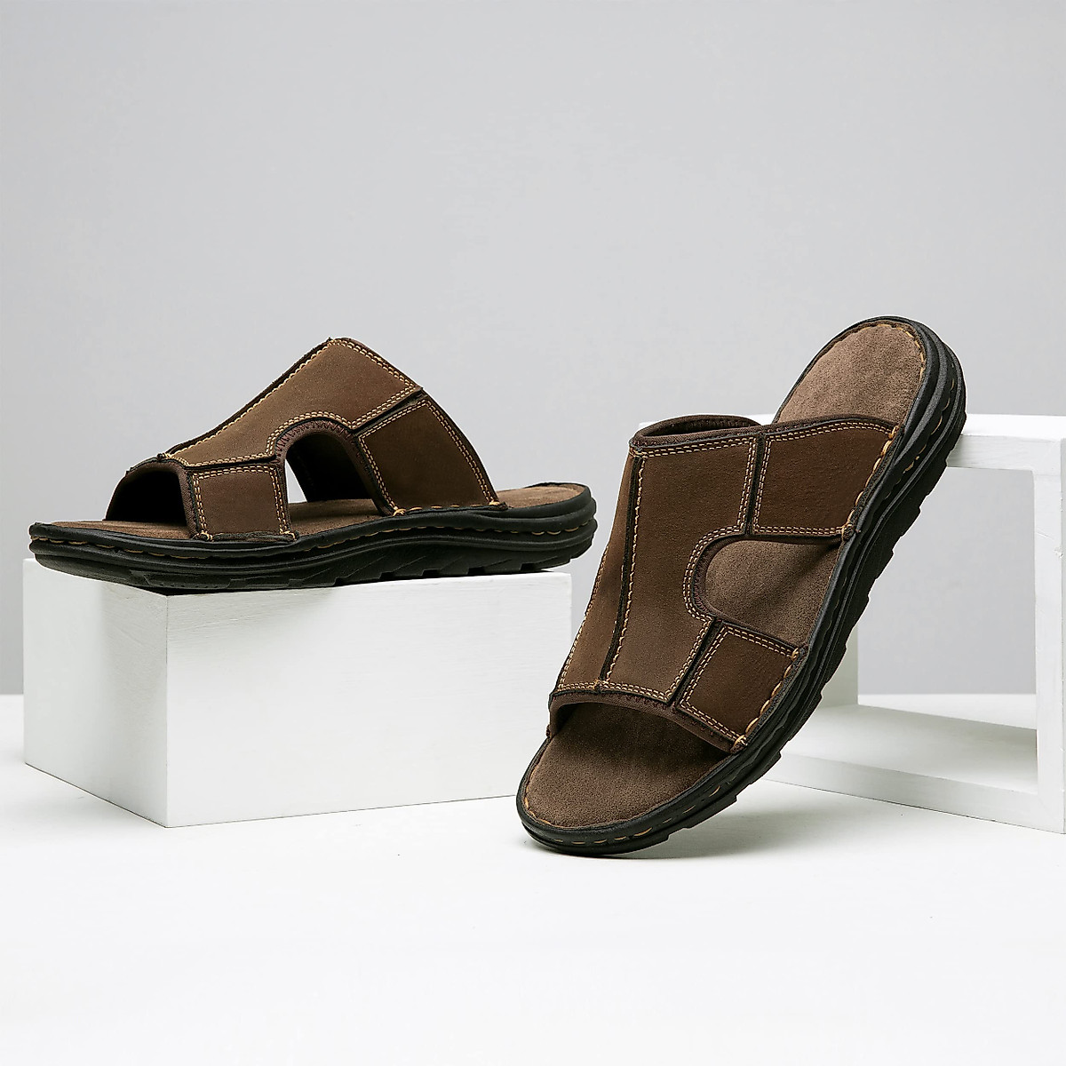 Jousen Sandals for Men Leather Slip on Mens Sandals Outdoor Men's Beach Slide Slippers(AMY2005A Dark Brown 12)