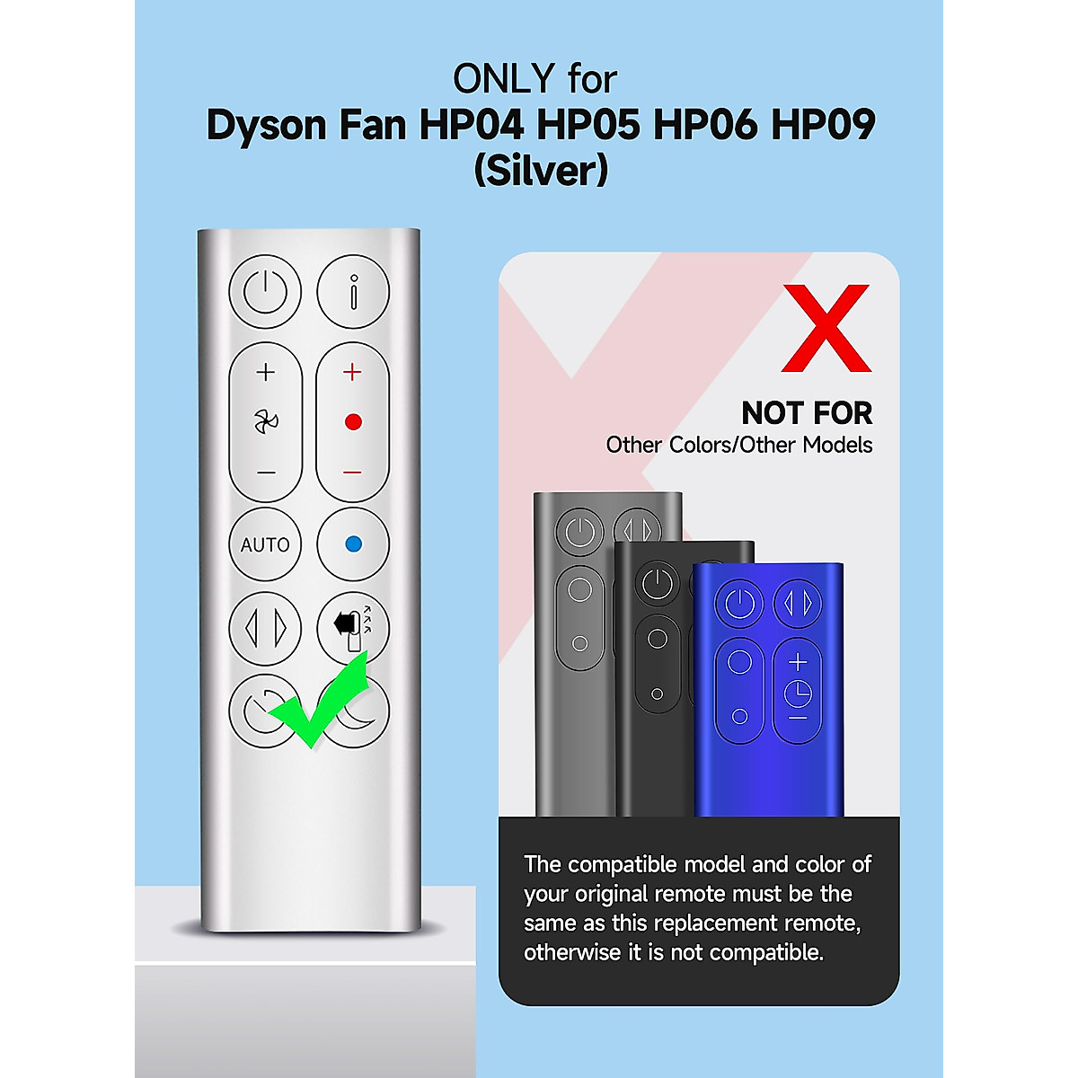 New Replacement Remote Control for Dyson HP04 HP05 HP06 HP09 Hot + Cool Purifying Fan/Heater - Silver, Without Magnetic Function