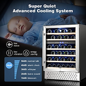 Tylza 24 Inch Wine Cooler Refrigerator 46 Bottle Dual Zone Built-in or Freestanding 24'' Wine Fridge with Stainless Steel & Professional Compressor and Temperature Memory Function