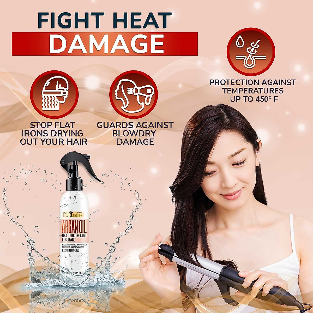 PURE NATURE Moroccan Argan Oil Shampoo and Conditioner Set with Heat Protectant Spray and Keratin Hair Mask