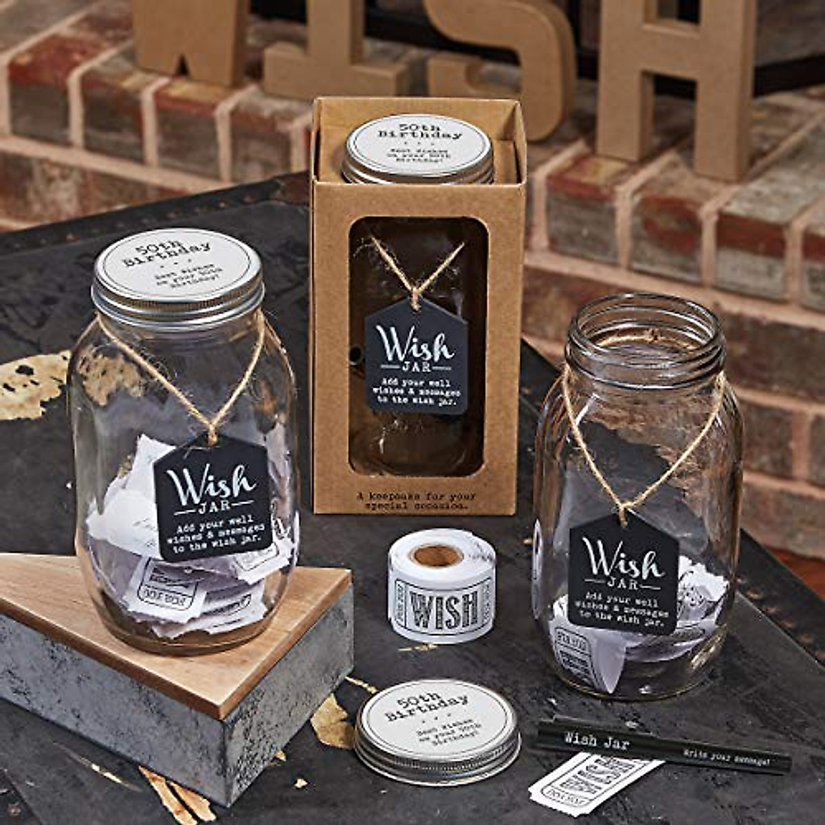 Top Shelf 50th Birthday Wish Jar With 100 Tickets, Pen, and Decorative Lid