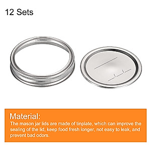 uxcell Canning Lids, 12 Sets - Tinplate Split-Type Mason Jar Lids and Bands Wide Mouth with Date Leak Proof Fits Storage Cover (Silver)