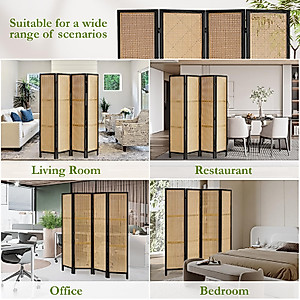 ALeesing 4 Panels Wood Room Divider and Folding Privacy Screens, Hand-Woven Rattan Room Dividers Panel, Room Divider Wall Freestanding, Room Partitions Screen for Home Office Bedroom, Black