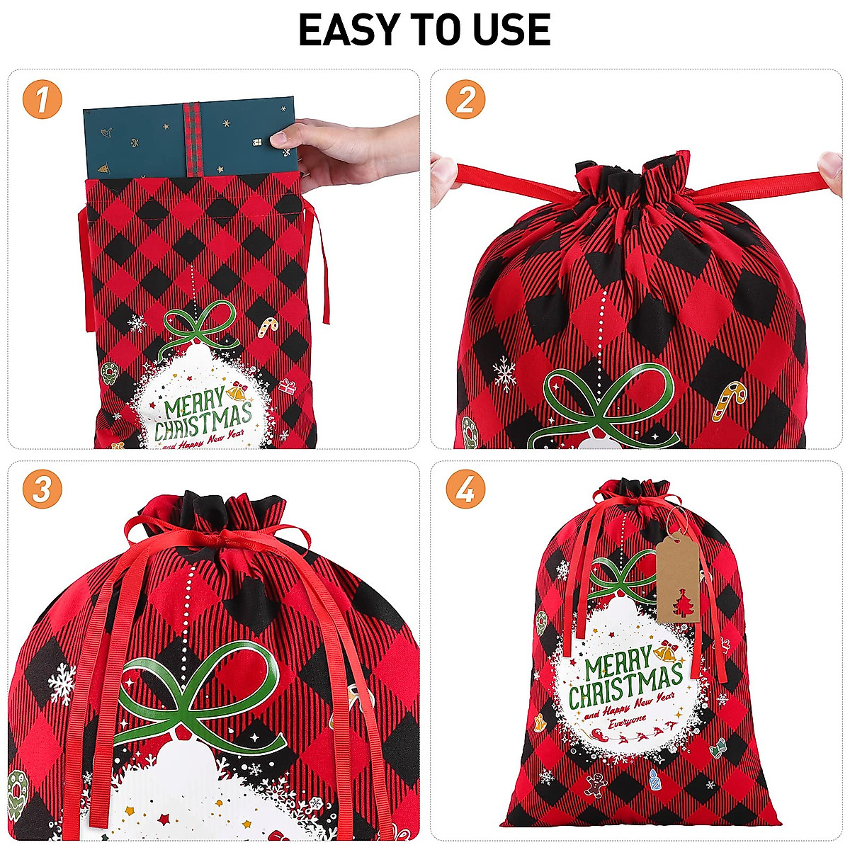 Aneco 12 Pieces Christmas Drawstring Gift Bag with Drawstrings Red and Black Buffalo Plaid Fabric Bag with Drawstring Cotton Xmas Candy Bags with 24 Tags Rope, Assorted Sizes
