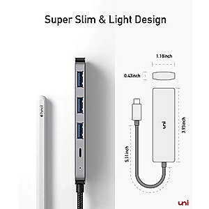 USB C to USB Hub with 100W PD, uni (Slim& Aluminum& Nylon) USB Type C to USB Adapter with Hight Speed 3*USB 3.0, USB-C Power Delivery, Thunderbolt 3 Compatible with MacBook Pro, XPS, Pixelbook
