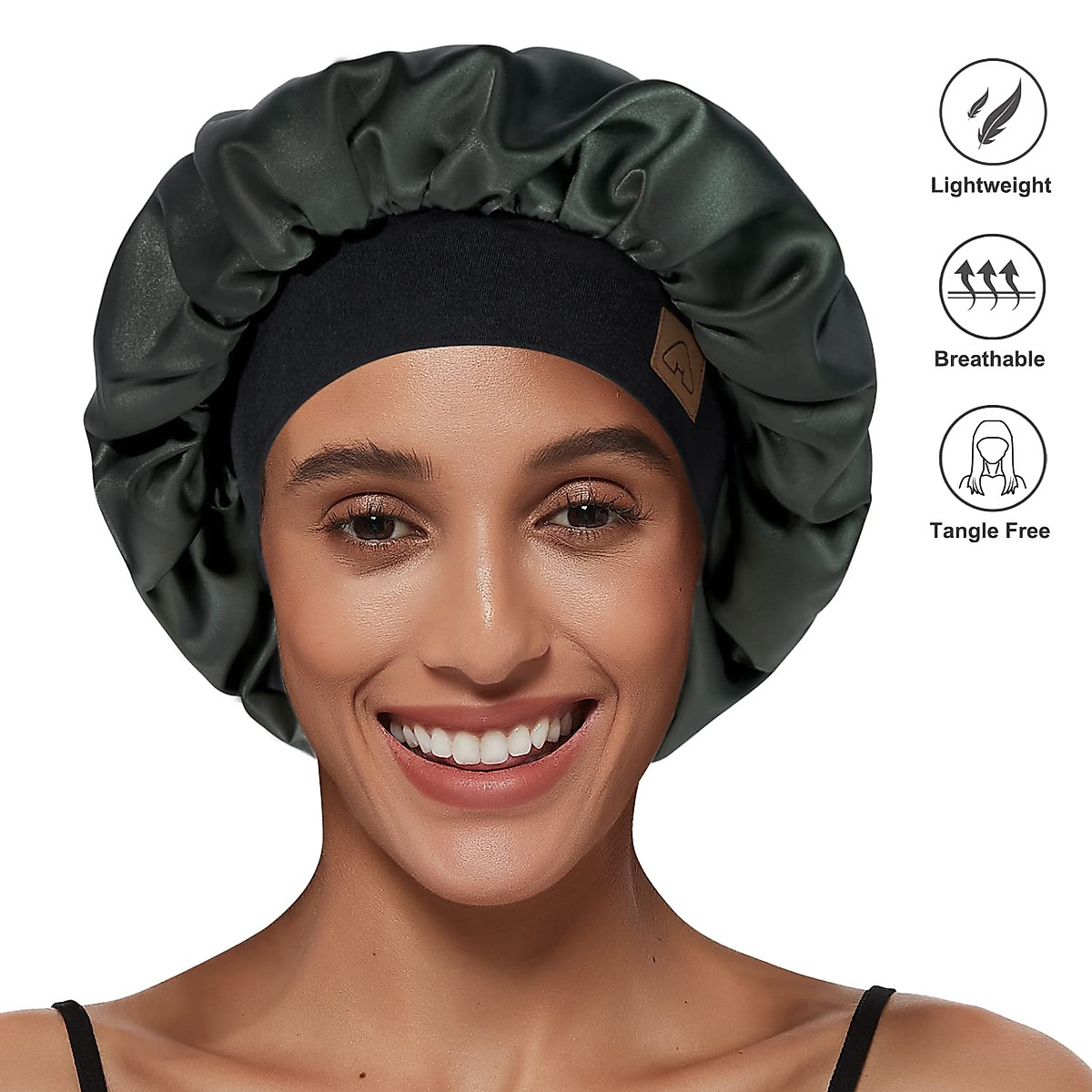 Hat Hut Satin Silk Bonnet for Curly Hair Sleep Cap for Women Sleeping Adjustable Hair Bonnet with Pattern Double Layer (Olive Green)